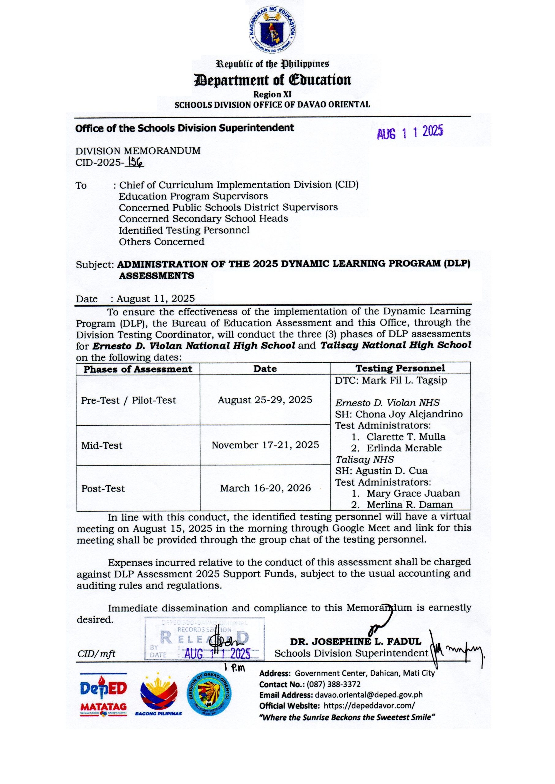 ADMINISTRATION OF THE 2025 DYNAMIC LEARNING PROGRAM (DLP) ASSESSMENTS - DepEd Davao Oriental