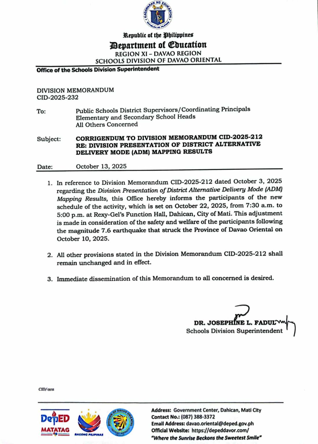 Corrigendum to Division Memorandum CID-2025-212 Re: Division ...