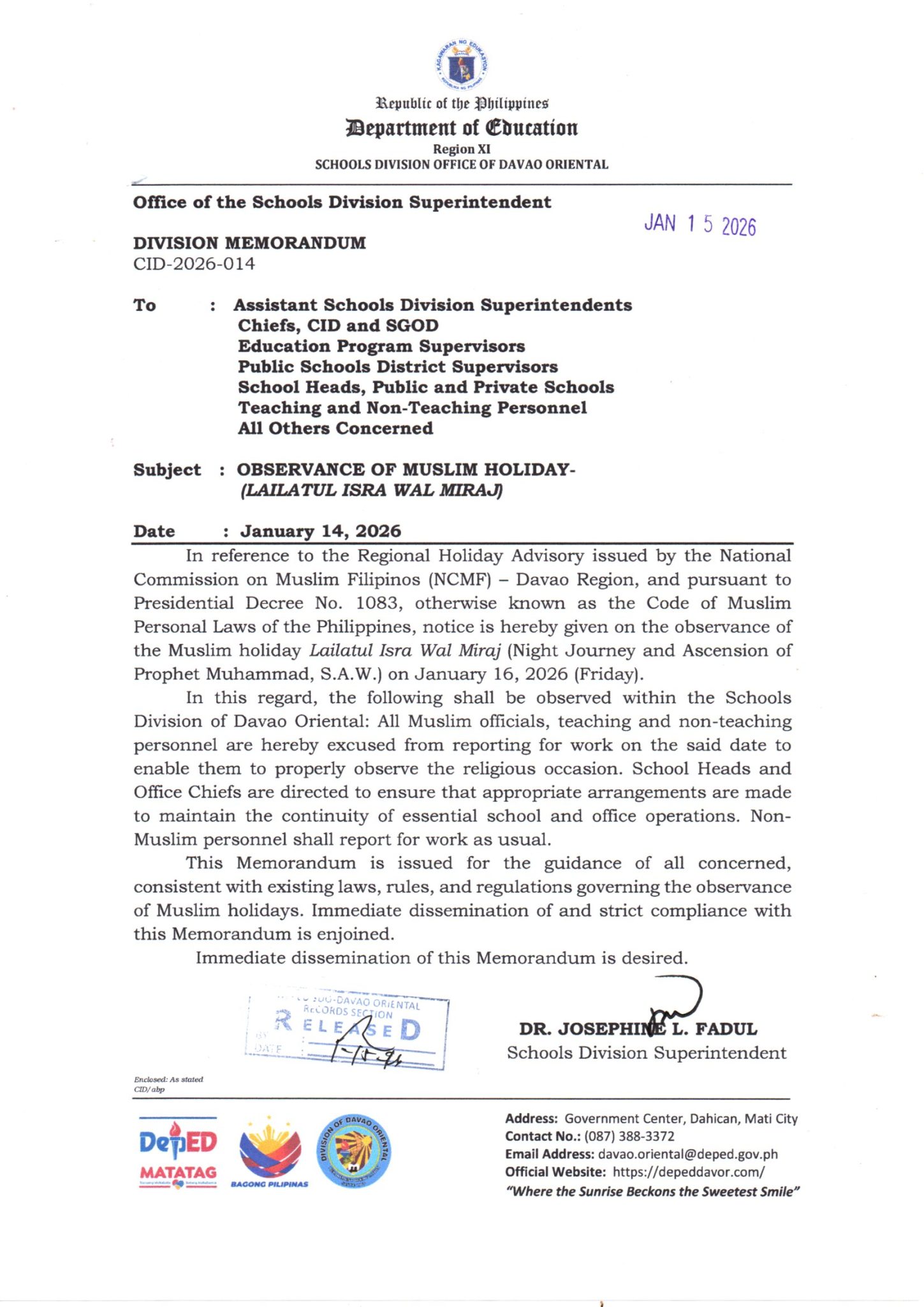 Observance of Muslim Holiday - (LAILATUL ISRA WAL MIRAJ) - DepEd Davao ...