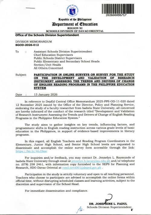 DIVISION MEMORANDUM SGOD-2026-012 - DepEd Davao Oriental