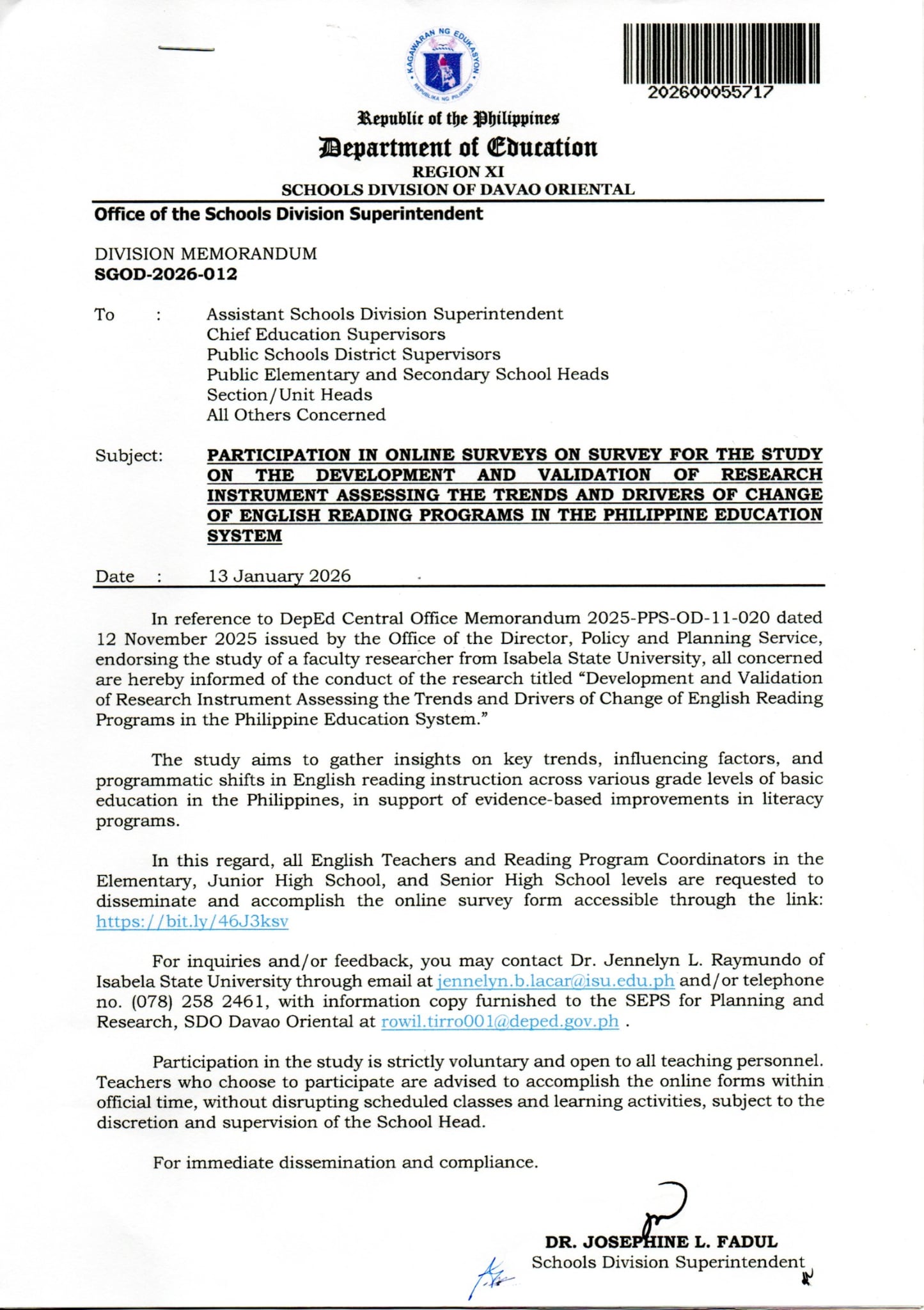 DIVISION MEMORANDUM SGOD-2026-012 - DepEd Davao Oriental